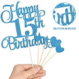Lecferrarc 15th Birthday Cake Decorations, 15th Birthday Candles Cake Numeral Candles and Glitter Happy 15th Birthday Cake Toppers Set for Birthday Party Supplies (Blue)