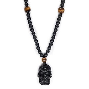Obsidian Skull Necklace for Mens, Triple Protection Crystal Necklace with Genuine Obsidian Tiger Eye and Black Onyx Stone, Natural Mens Beads Necklace to Bring Luck, Prosperity and Happiness
