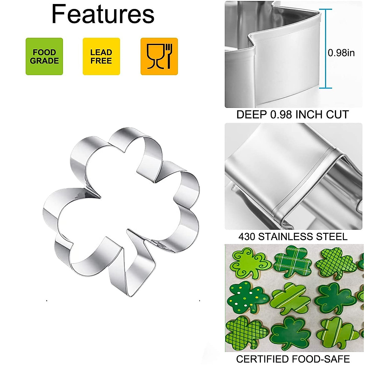 Clover Cookie Cutter Set, 4-Piece Patrick's Day Shamrock Cookie Cutter Set, Irish Holiday Party Supplies4'', 3.2'', 1.85'', 1.3''