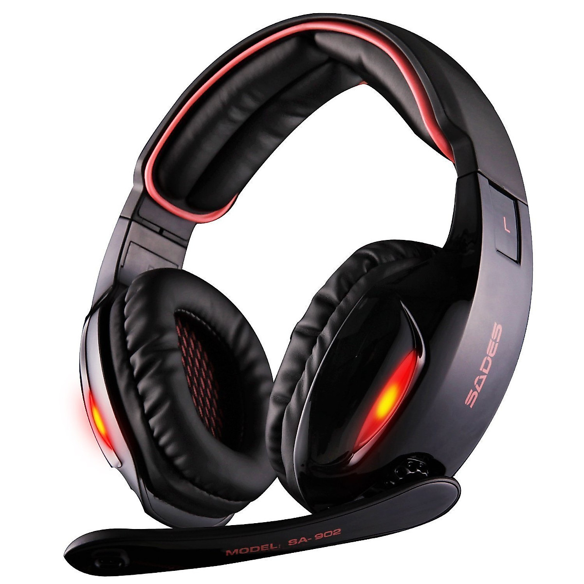 Sades SA902 7.1 Channel Virtual USB Surround Stereo Wired PC Gaming Headset Over Ear Headphones with Mic Revolution Volume Control Noise Canceling LED Light (Black/Red)