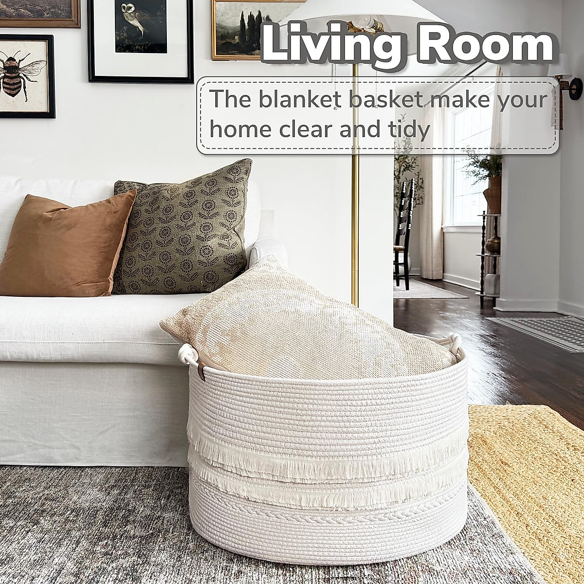 CherryNow Large White Woven Storage Basket, Boho Decorative Basket for Home Decor, Towel basket for Bathroom, Bedroom, Living room, Baby Nursery Basket for Clothes, Toys, Blankets, 22 x 14 inches