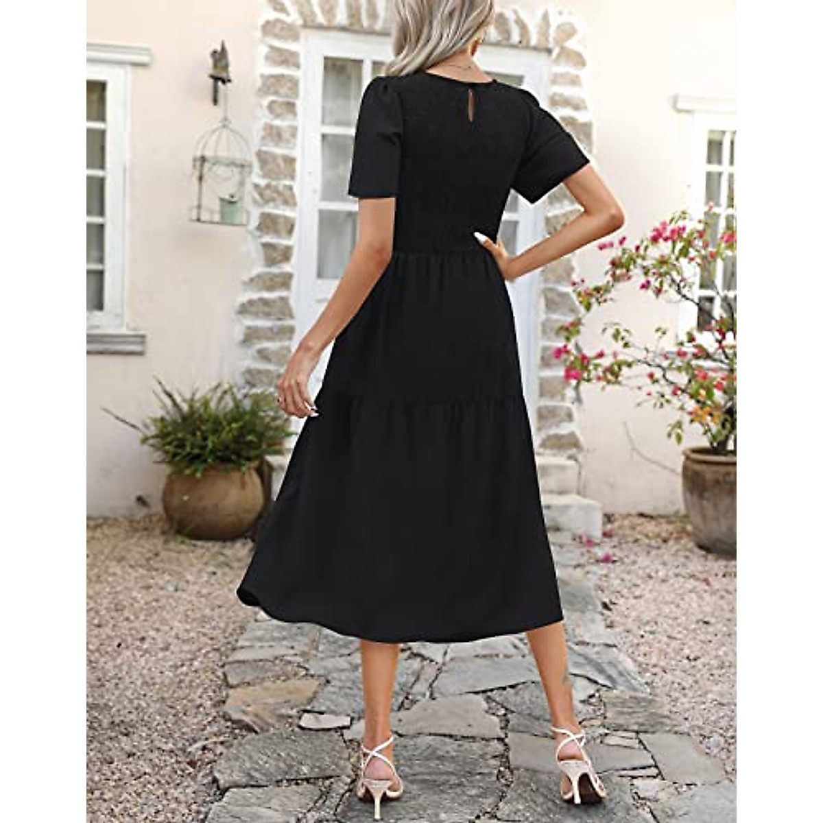 Ellakoko Summer Dresses for Women 2023 Casual Short Sleeve Modest A Line Crew Neck Ruffle Tiered Smocked Midi Black Dress Solid Black M