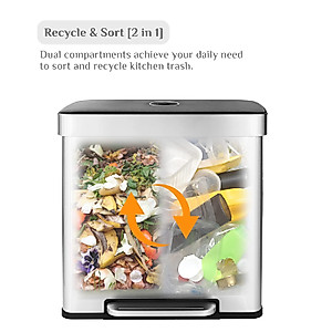 Arlopu 16 Gallon Stainless Steel Trash Can, 60L Kitchen Classified Recycle Garbage Can, Dual Compartment Dustbin with Removable Inner Buckets, Step-on, Soft-Close Lid, for Home Office, Silver