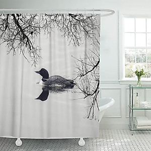 Semtomn Shower Curtain Water Black and White Loon Lake Cottage Bird 72"x72" Home Decor Waterproof Bath Bathroom Curtain Set with Hooks