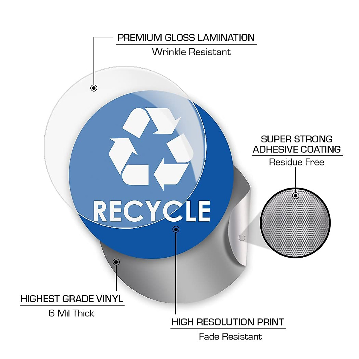 Recycle Sticker Trash Can Decal - 6" Large Recycling Vinyl - 4 Pack (Black & Blue)