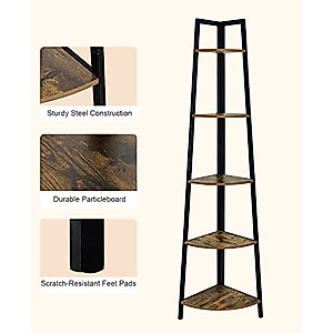 Pshelfy 5-Tier Corner Shelf, Rustic Corner Bookshelf Bookcase Multipurpose Corner Ladder Shelf Plant Stand for Living Room, Kitchen, Home Office Small Space (Brown)