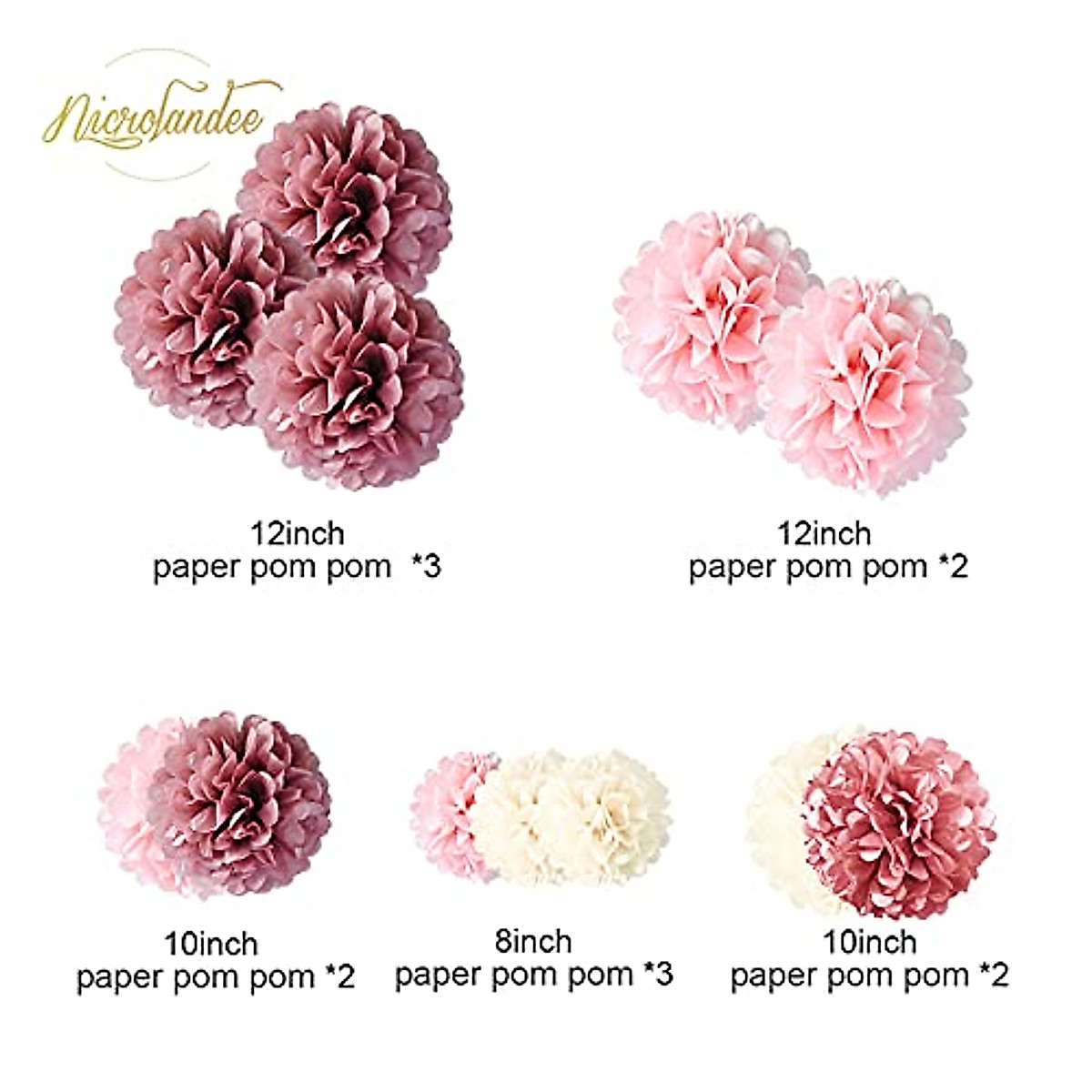 NICROLANDEE 12PCS Dusty Rose Blush Pink Tissue Pom Poms Flowers for Wedding, Bridal Shower, Baby Shower, Sweet Birthday, Engagement, Bachelorettes, Valentine Decorations, Pink Party Decorations