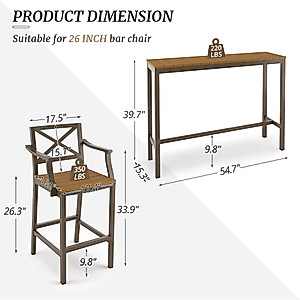 Cozyman Outdoor Bar Height Table and Chairs Set, 3 Piece Patio Pub Bar Set with 55" Slatted High Top Table and 2 Armrest Bar Stools for Balcony, Poolside, Yard, Teak