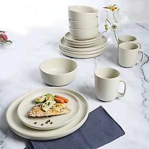 Gibson Home Zuma 16 Piece Round Kitchen Dinnerware Set, Dishes, Plates, Bowls, Mugs, Service for 4, Matte Stoneware, Cream