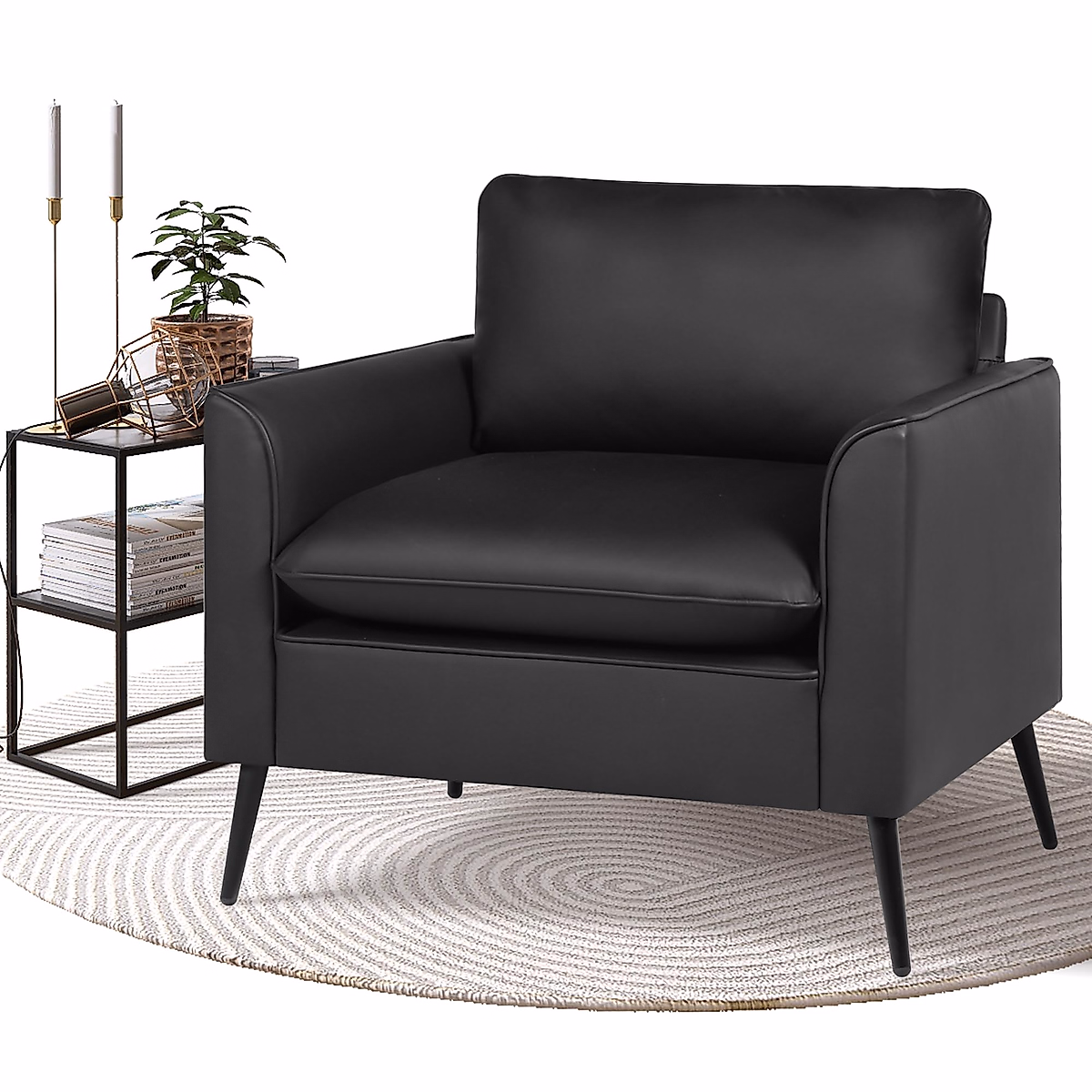 TYBOATLE Accent Chair, Black Leather Accent Chair, Comfy Living Room Chair, Cozy Reading Sitting Chair, Mid Century Modern Accent Chairs, Arm Reception Chairs, Lobby Chair,Office Furniture