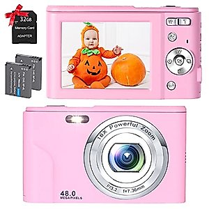 Digital Camera, FHD 48.0 MP Vlogging Camera Mini Camera Kids Camera Video Camera Pocket Camera with 32GB TF Card Autofocus 16X Digital Zoom, Compact Portable Camera for Kids Students Teenager-Pink