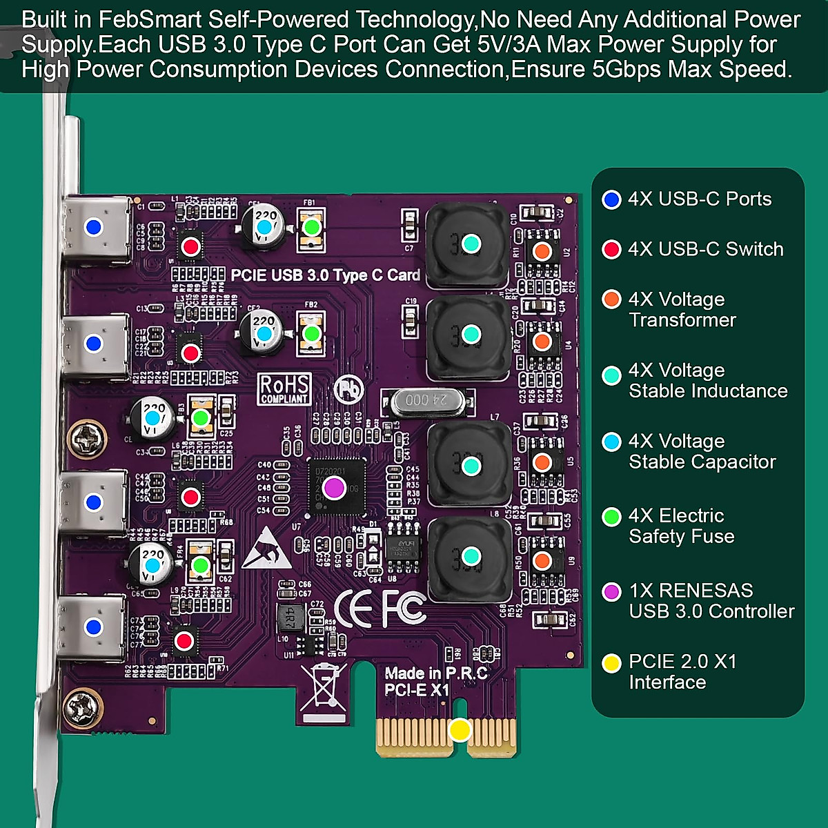FebSmart 4X 5Gbps USB-C Ports PCI Express USB 3.0 Expansion Card for Windows 11, 10, 8.x, 7, Vista, XP Desktop PCs, Built in Self-Powered Technology, No Need Additional Power Supply (FS-U304C-Pro)