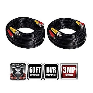 Night Owl Security Extreme HD 3MP 60 Feet BNC Video/Power Camera Extension Cable (Black, 2 Pack)