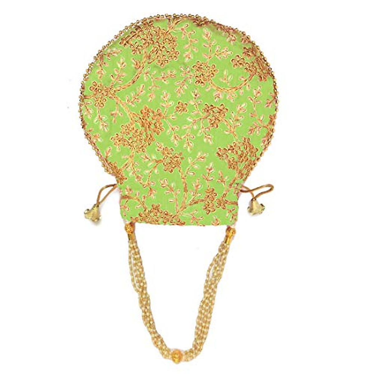 Potli Bag For Women With Intricate Gold Thread & Sequin Ethnic Designer Embroidery Work Batwa Pearls Handle (Parrot Green)