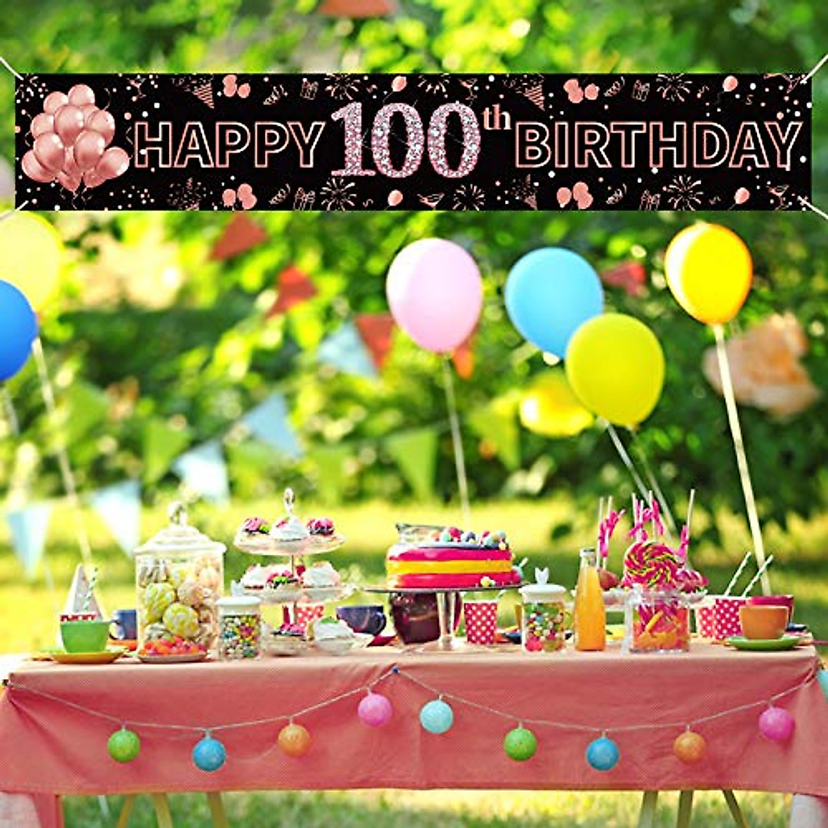 Pimvimcim Happy 100th Birthday Banner Decorations, Large 100th Birthday Party Sign, Rose Gold 100th Birthday Party Supplies for Women, 100 Years Old Birthday Photo Booth Backdrop (9.8x1.6ft)