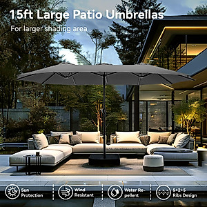 PHI VILLA 15ft Large Patio Umbrellas with Base, Outdoor Double-Sided Rectangle Market Umbrella for Pool Lawn Garden, Light Gray