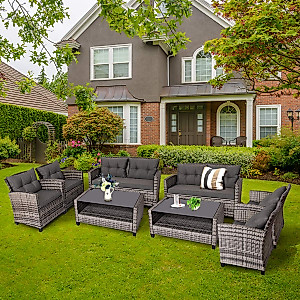 Tangkula 8 PCS Patio Wicker Conversation Furniture Set, Outdoor Rattan Sofa Set with Padded Cushion & Tempered Glass Coffee Table, Wicker Sectional Sofas & Table for Courtyard Balcony Garden (2, Grey)