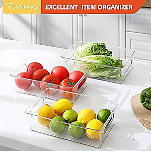 Tasmy Set of 4 Refrigerator Organizer Bins - Stackable Fridge Organizers with Handles for Freezer, Kitchen, Countertops, Cabinets - Clear Plastic Pantry Food Storage Rack, BPA Free