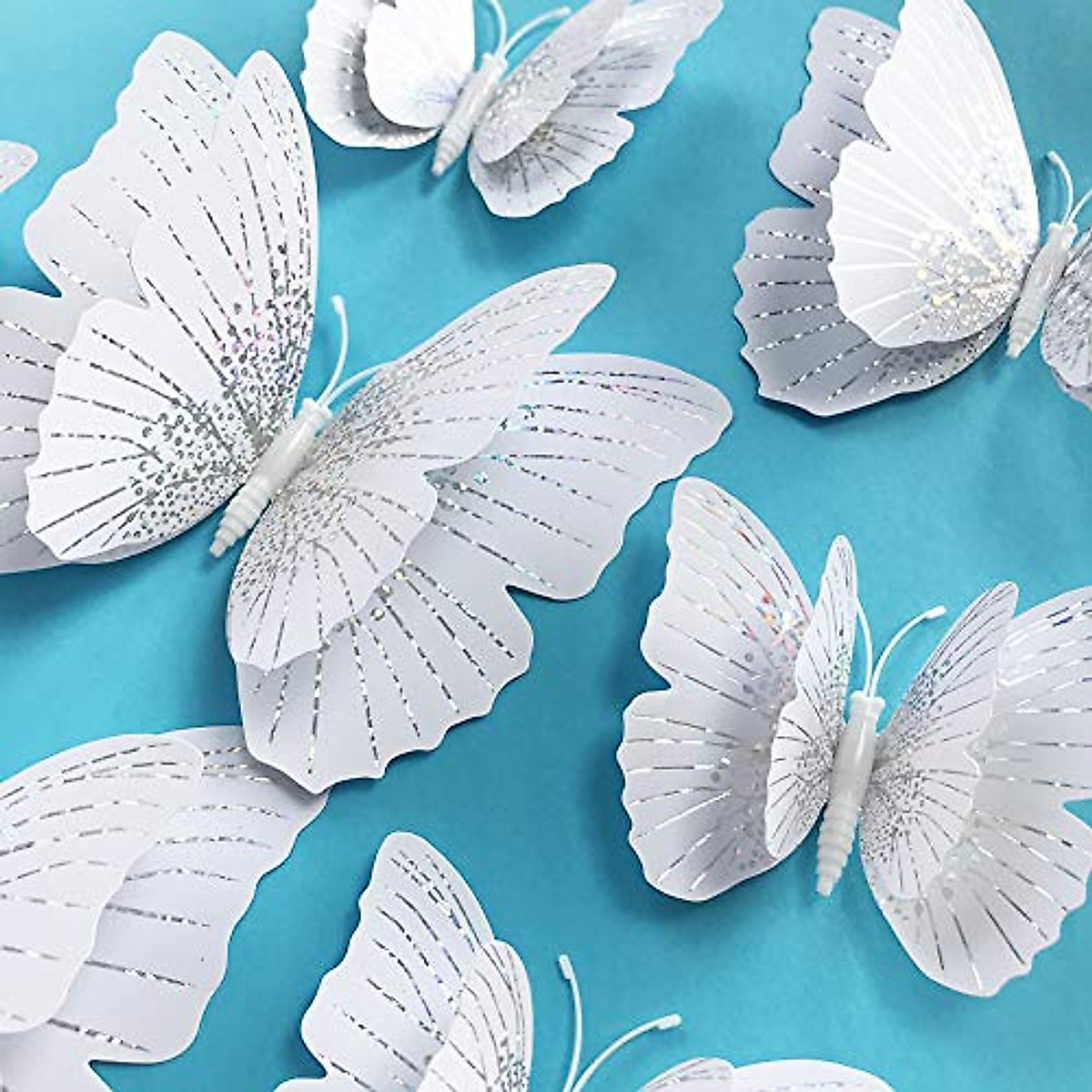 24PCS Butterfly Stickers with Sponge Gum and Magnets, White Crystal Removable Butterfly Wall Sticker Decals for Room Home Nursery Decor (White Double Wing)