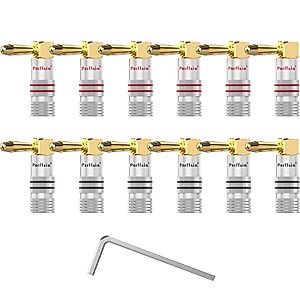 Preffair 12 PCS/6 Pairs 4mm Right Angle/90 Degree Speaker Banana Plugs Dual Screw Locking Speaker Connectors Gold Plated Audio Jack Connectors for Speaker Wire Cable Terminals