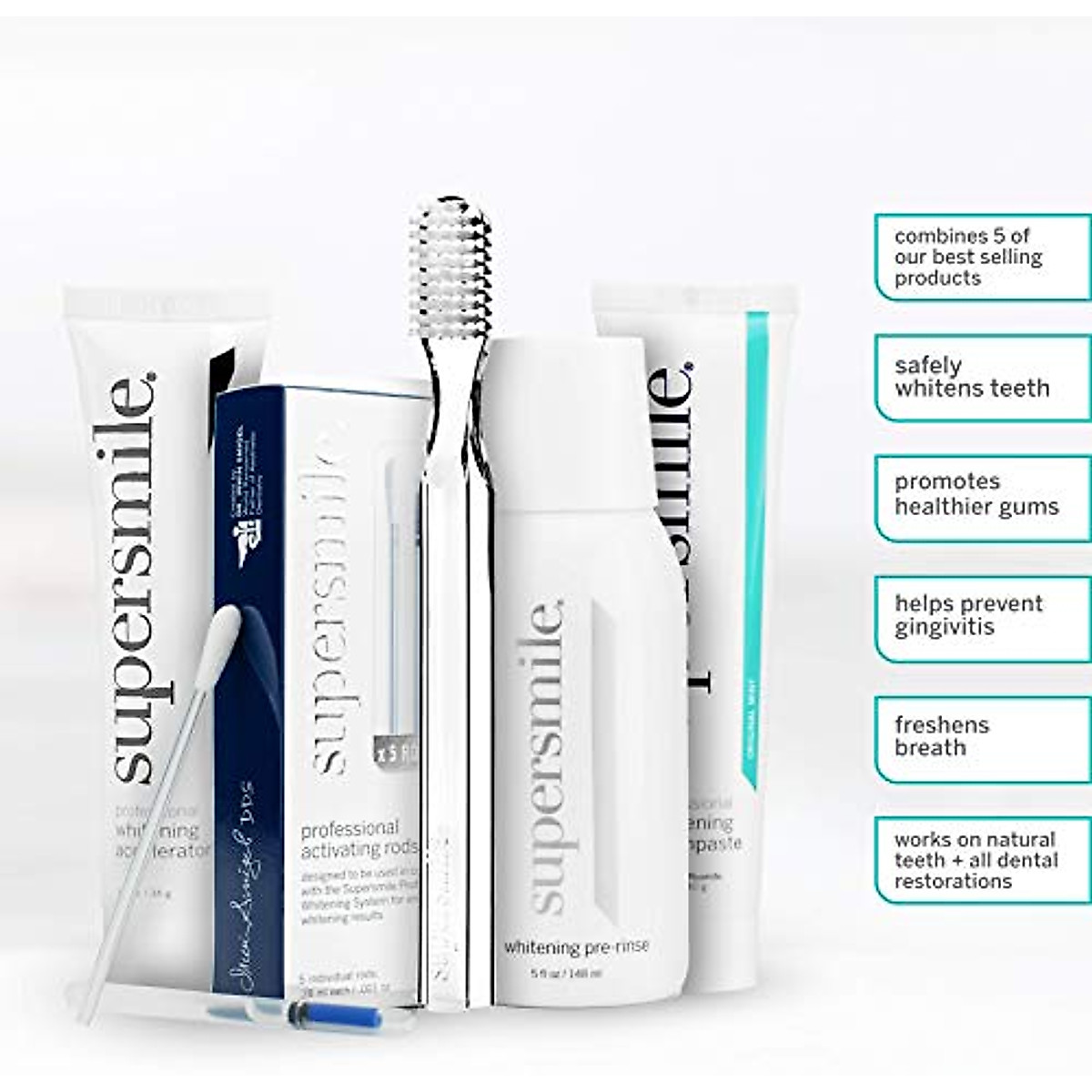 Supersmile Teeth Whitening Set - 6 Minutes to a Whiter Smile - Toothpaste, Accelerator, Toothbrush, Activating Rods, and Pre-Rinse - Up to 6 Shades Whiter Teeth - No Sensitivity (Original Mint)