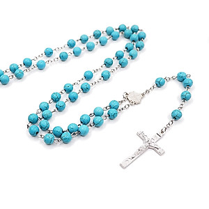 TumiLuben 8mm Turquoise Necklace Rosary Beads Catholic for Woman, Car Rosary for Rearview Mirror with Crucifix and Cross medal with Jerusalem in Gift Box (Carved Rose Metal Box)