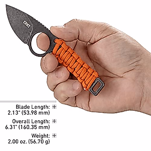 CRKT Tailbone EDC Knife: Everyday Carry Fixed Blade Drop Point Knife with Black Stonewash Finish, Orange Cord Wrapped Handle, Sheath 2415