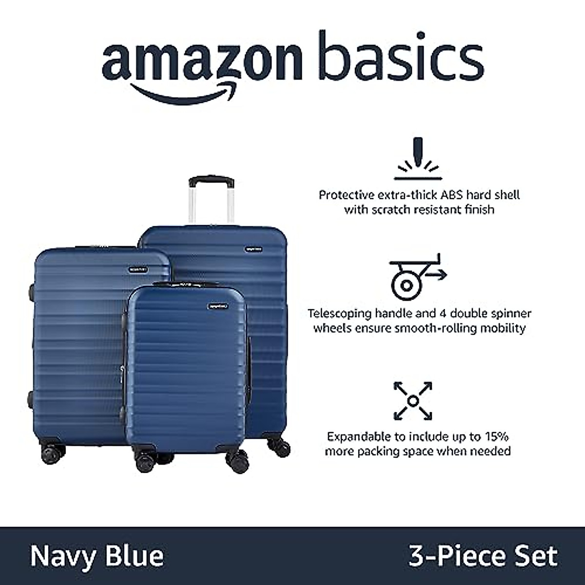 Amazon Basics 3-Piece Set Hardside Spinner, Navy Blue