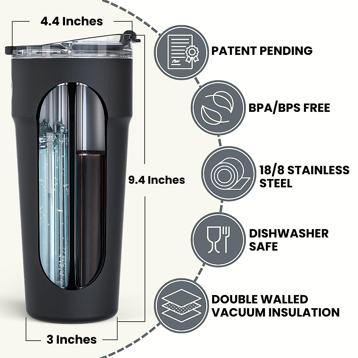 2-in-1 Hot & Cold Vacuum Insulated 30oz Tumblers, Stainless Steel Dual Chamber, Leak-Proof, BPA-Free, Fits Cup Holder, Travel Coffee Mug, Split Cup, 2 Drink, 2 Sides, Coffee & Water (Harper White)