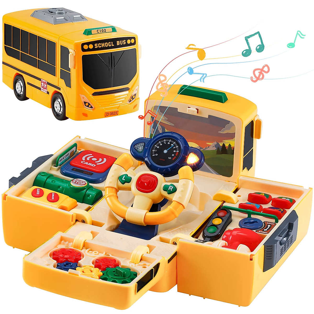 Joyibay Car Toy Bus for Toddlers - Simulation Steering Wheel School Bus Toys for Kids Educational Bus Driving Toy Musical Bus Transport Play Vehicles for Birthday and Easter Gift