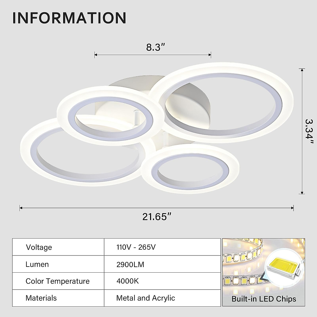 ZUYURT Modern LED Ceiling Light, White Flush Mount Ceiling Light, 4 Rings Close to Ceiling Lamp Lighting Fixture for Kitchen, Living Room, Bedroom, Laundry Room, 4000K