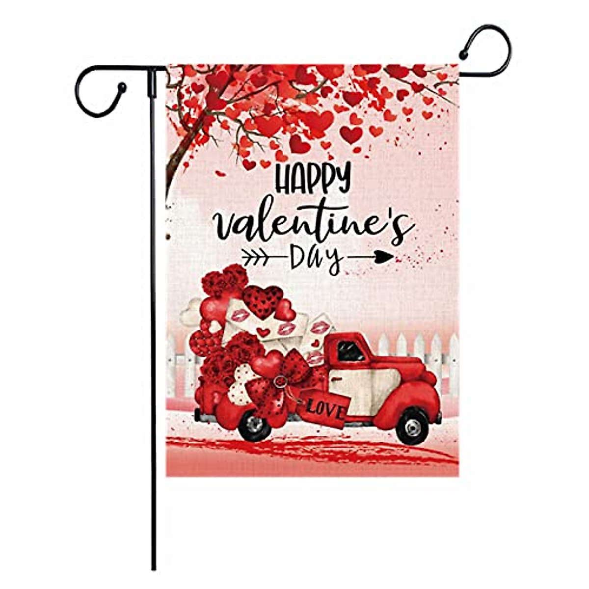 Heart Truck Garden Flags, Happy Valentine's Day Heart Tree Garden Flag 12.5 x 18 Inch Vertical Double Sized Burlap Flag for House Yard Outdoor Decor