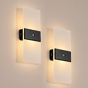 pasentel Motion Sensor LED Wall Sconces, 2-Pack Acrylic USB Rechargeable Wall Light Battery Operated Night Light Indoor Led Wireless Wall Lamp for Stairs, Hallway, Bathroom, Bedroom, BD025-LEB-BK2