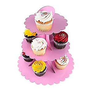 3 Tier Cupcake Cardboard Stand with Blank Canvas Design for Pastry Servings Platter, Birthdays, Dessert Tower Decorations (1 Stand) (Pink)