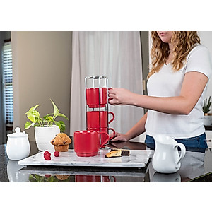 Nat & Jules Stacking Red 14 ounce Ceramic Stoneware Mugs With Stand Set of 4