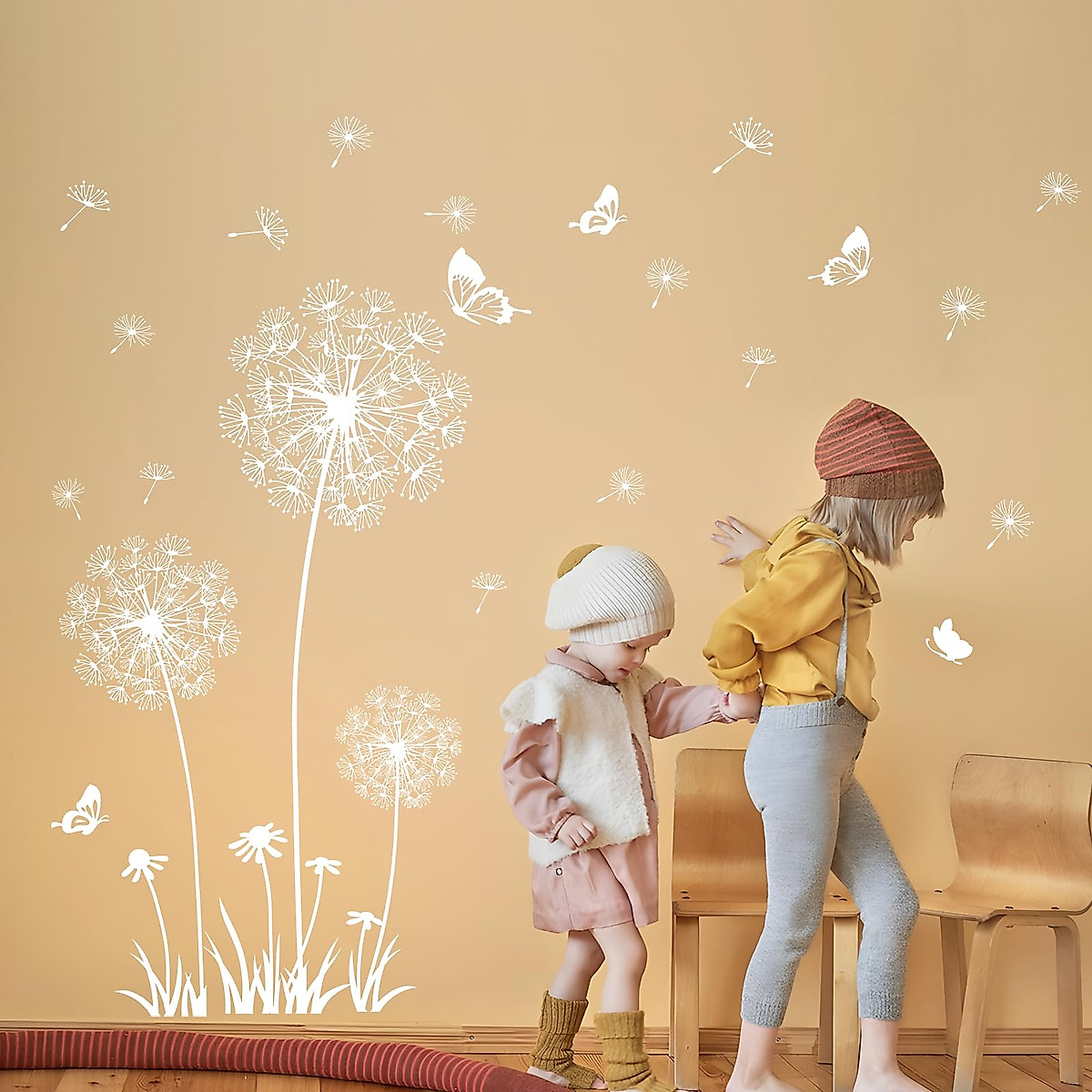 Supzone Dandelion Wall Stickers Flower Wall Decals Butterflies Flying Wall Decors Art Stickers for Bedroom Living Room Sofa Backdrop TV Wall Decor (White Dandelion)