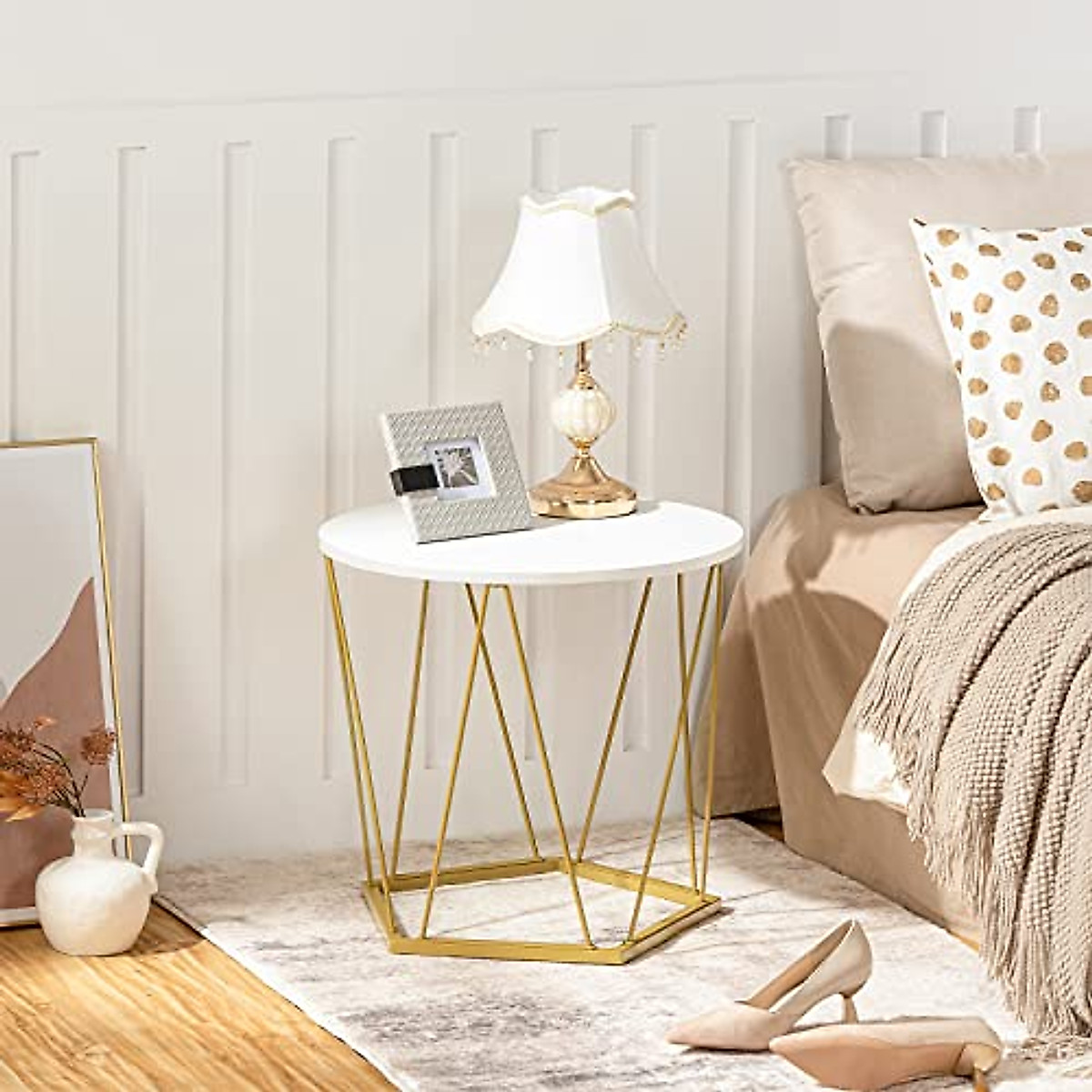 HOOBRO Round Coffee Table Set of 2, Gold Coffee End Table with Metal Frame, Small Coffee Table for Living Room Bedroom Balcony Yard, Modern Style, White and Gold, GD80BZ01