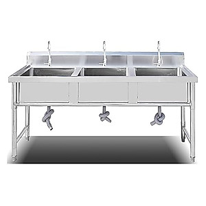 Free Standing Stainless-Steel Three Bowl Kitchen Sink,3 Compartment Restaurant Kitchen Prep & Utility Sink,Free Standing Utility Sink For Garage,Restaurant,Kitchen,Laundry Room(145cm/57in)