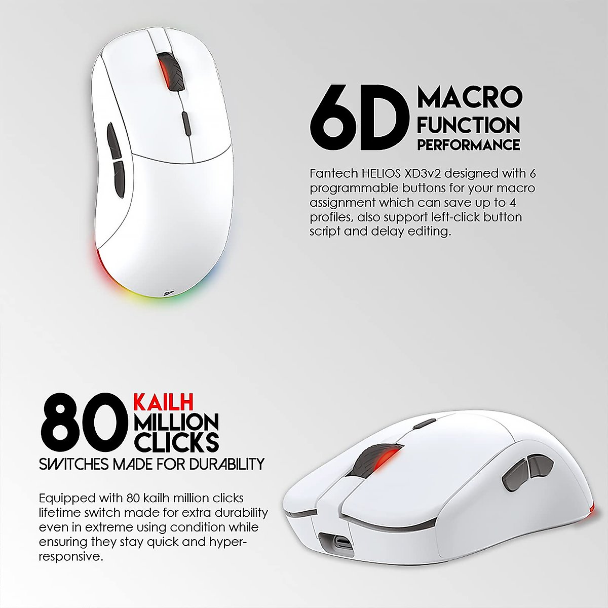 FANTECH Helios XD3 V2 Symmetrical Wireless RGB Gaming Mouse, PixArt 3370 19,000 DPI Kailh Switches 6 Programmable Buttons Professional Grade Small Size Mouse, Dual Modes Mouse, XD3V2 White