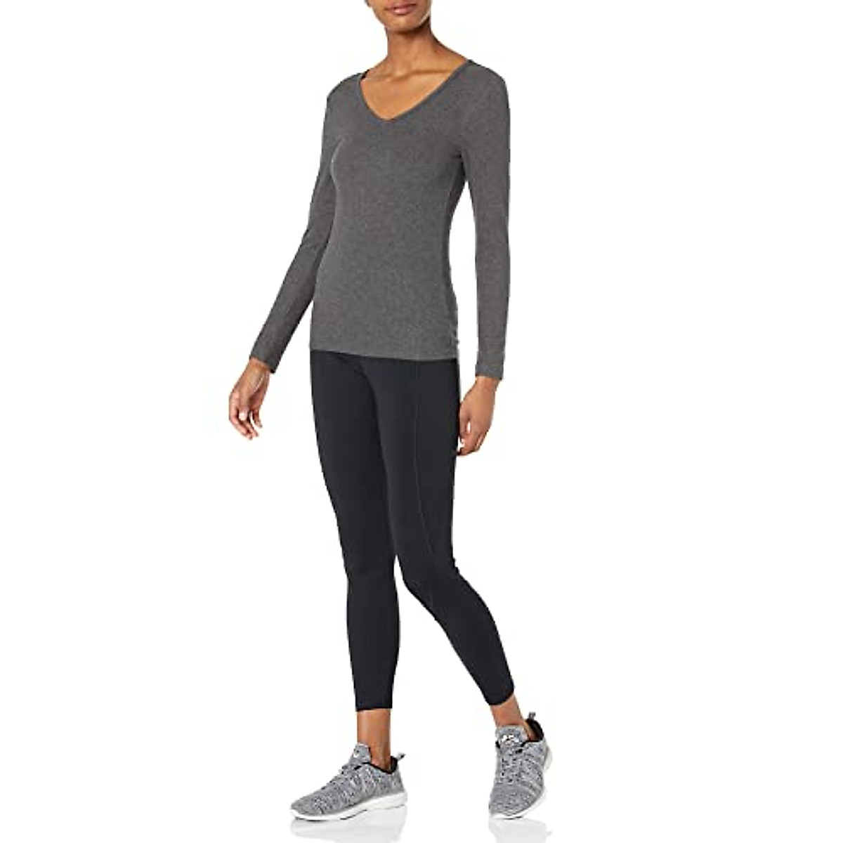 Amazon Essentials Women's Slim-Fit Layering Long Sleeve Knit Rib V-Neck (Available in Plus Size), Pack of 2, Black/Charcoal Heather, Small