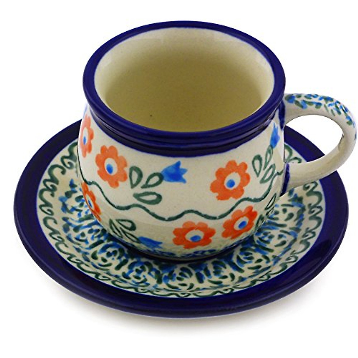 Polish Pottery Espresso Cup with Saucer 3 oz (Tulip Vines Theme)