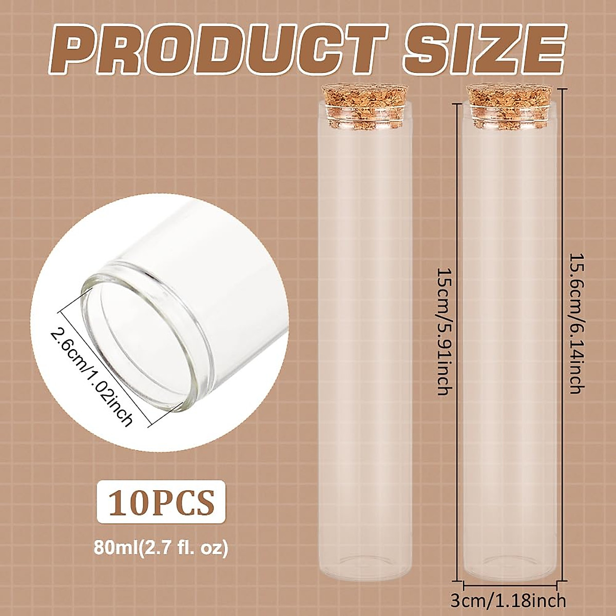 BENECREAT 10 Pack 80ml Flat Glass Test Tube with Cork Stopper Clear Mini Glass Bottles Jars for Lab, Wedding Party Favors, Candy, Spices, Beads