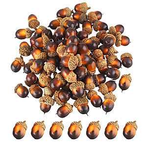 Bememo 100 Pack Lifelike Fall Acorns Thanksgiving Decor Artificial Fall Vase Filler Fake Mini Nutty Craft with Natural Acorn Hats Fruit Props Simulation Autumn Kitchen House Wedding DIY Craft(Brown)