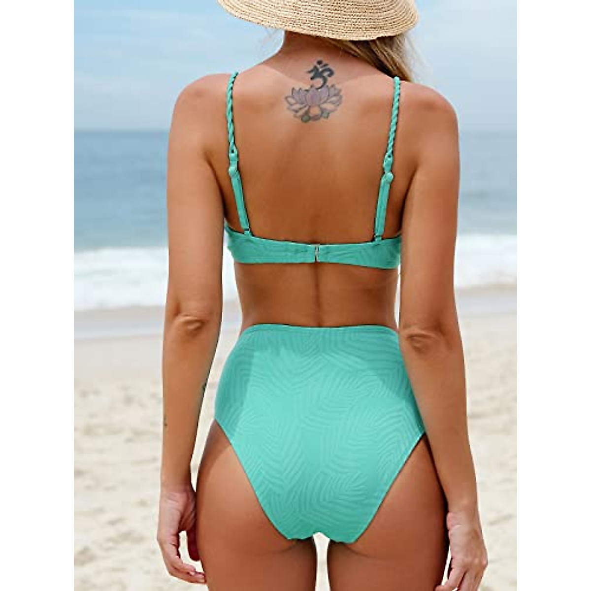 CUPSHE Women Swimsuit Bikini Set Two Piece Bathing Suit High Waisted Ribbed Texture Asymmetrical Bottom, XL Light Green