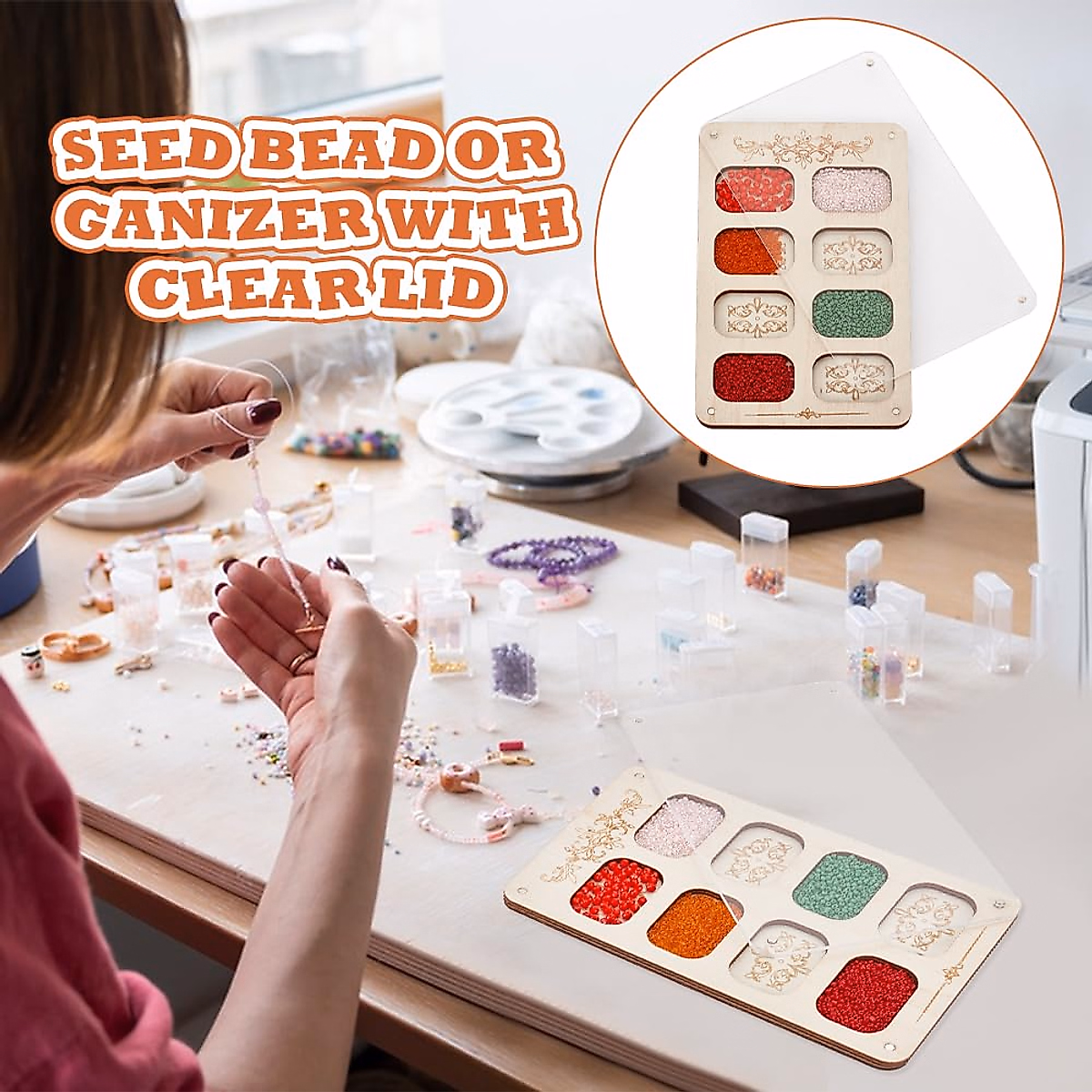 AHANDMAKER Wooden Jewelry Storage Tray with Glass Lid Wood Bead Board with Lid 8 Slot Old Lace Bead Storage Organize with Cover for Beads, Bracelets 4.72 x 7.68 x 0.37 Inch