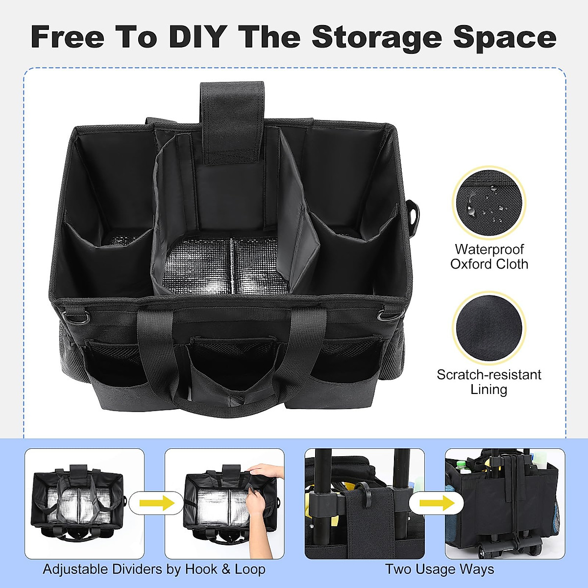 Housolution Rolling Cleaning Caddy Bag with Detachable Trolley, Professional Portable Large Cleaning Bag with Wheels, Wearable Cleaning Supply Bag with Handle on Wheels for Housekeepers