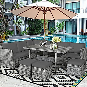 NICEDAYFY 7 PCS Patio Rattan Dining Set Sectional Sofa Couch Ottoman Garden Gray for Yard, Patio, Poolside, Porch, Etc