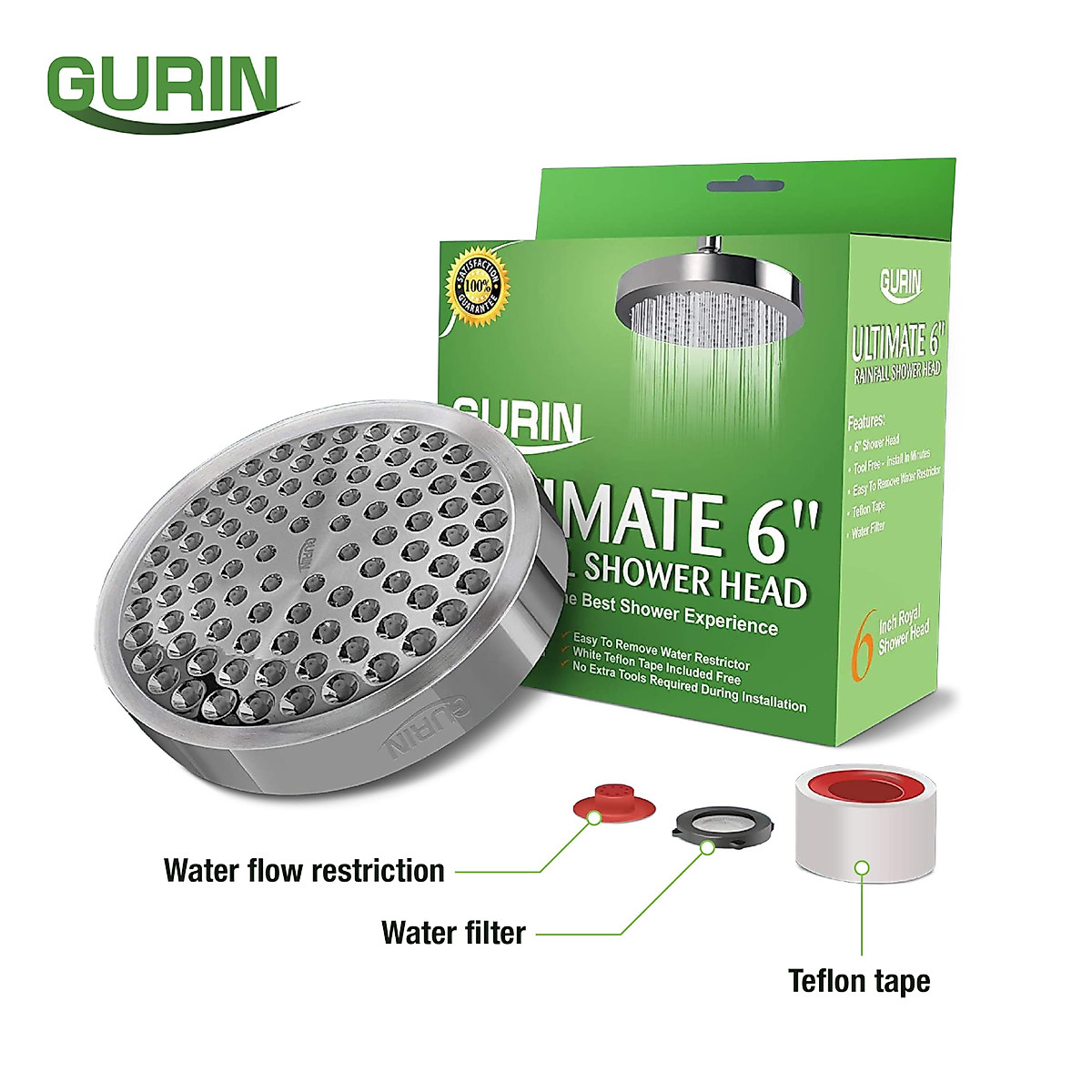 GURIN Shower Head High Pressure Rain, Luxury Bathroom Showerhead with Chrome Plated Finish, Adjustable Angles, Anti-Clogging Silicone Nozzles (2.5 GPM)