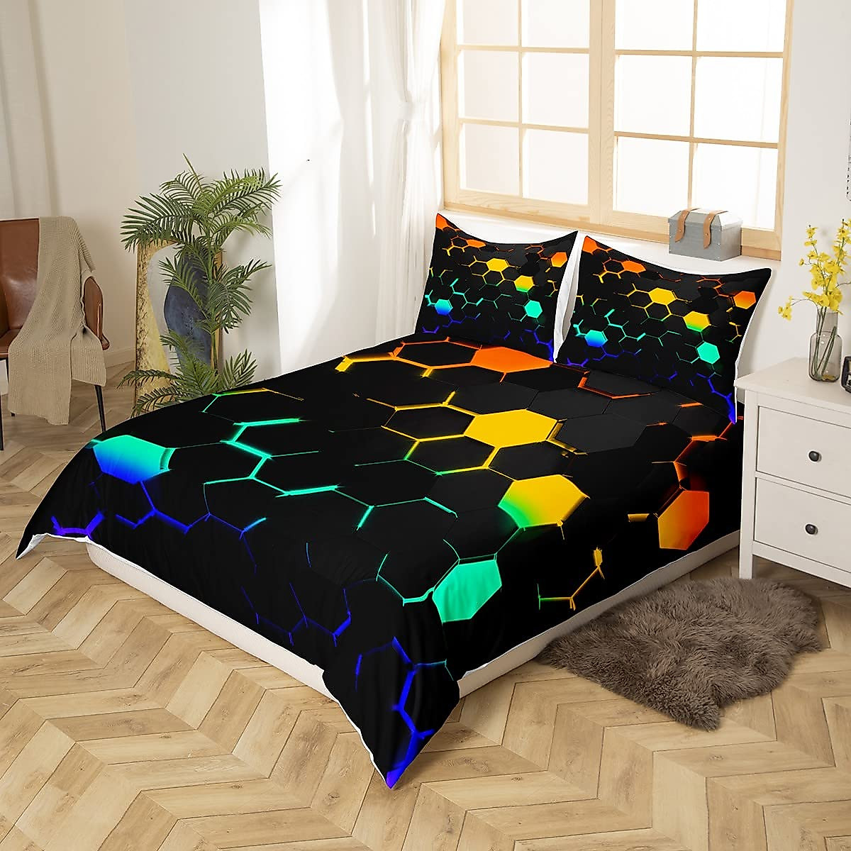 3D Honeycomb Duvet Cover Set Twin Size,Colorful Neon Light Hexagon Bedding Set 2pcs Kids Boys Teens Girls Bedroom Decor Fashion Geometric Comforter Cover Black Cool Gaming Quilt Cover,1 Pillowcase
