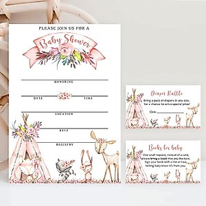 Yuzioey Boho Woodland Baby Shower Invitations, 25 Pack Girl Woodland Invitations Macthing Envelpoes, Diaper Raffle Tickets, Book Request Cards, Pink Teepee Woodland Creatures Invitations